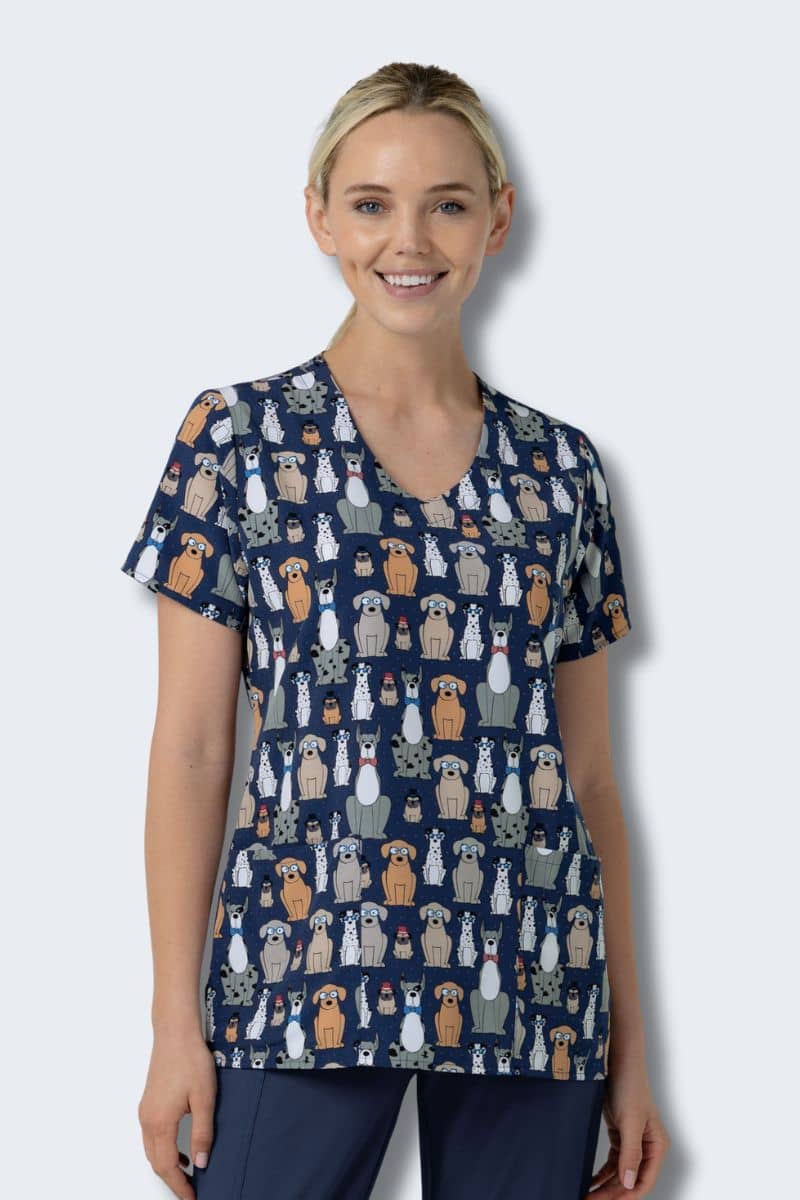 Buster & Tiny Women’s Scrub Top | Fun Animal Print Scrubs
