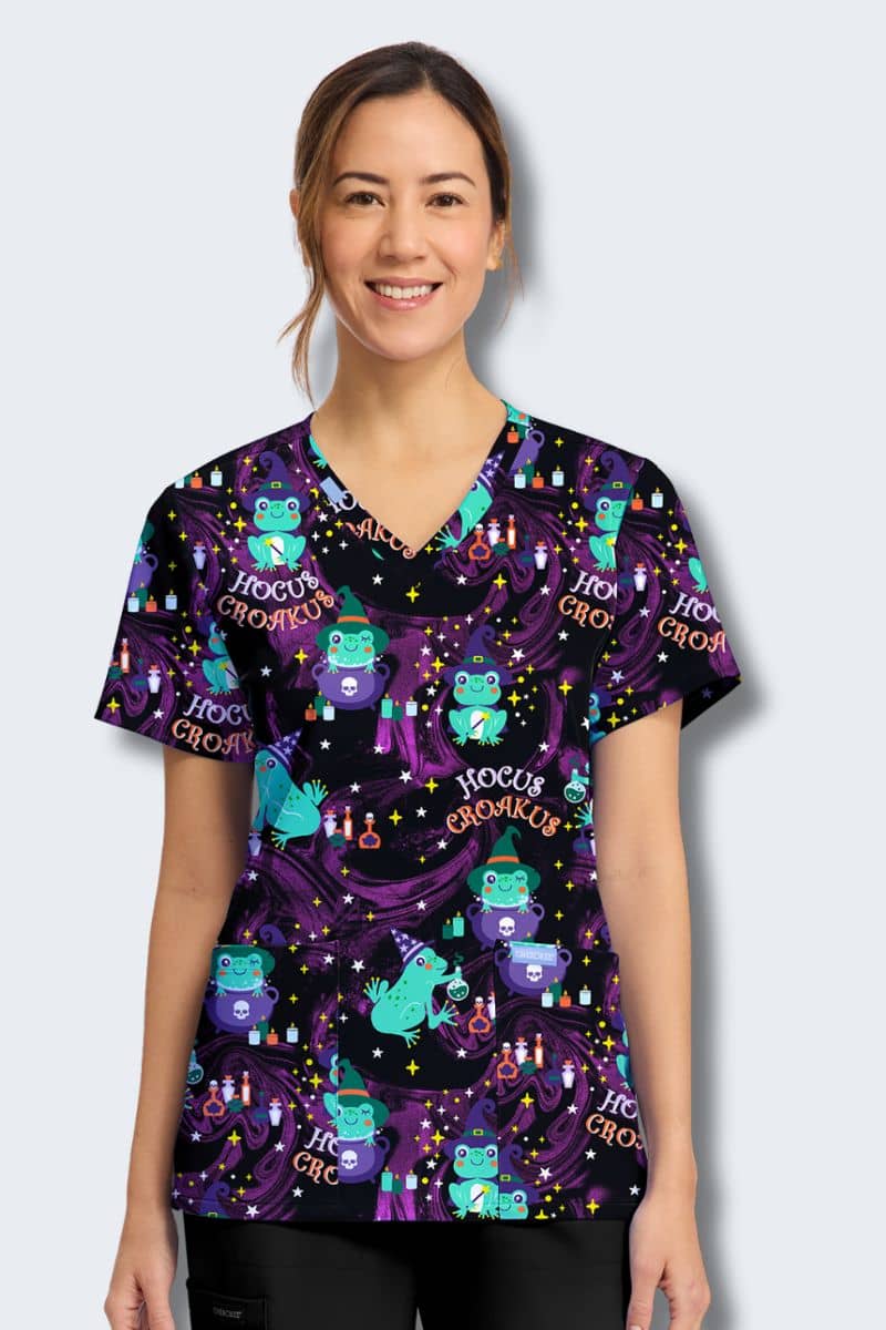 CK856 Cherokee Hocus Croakus Print Scrub Top,Infectious Clothing Company